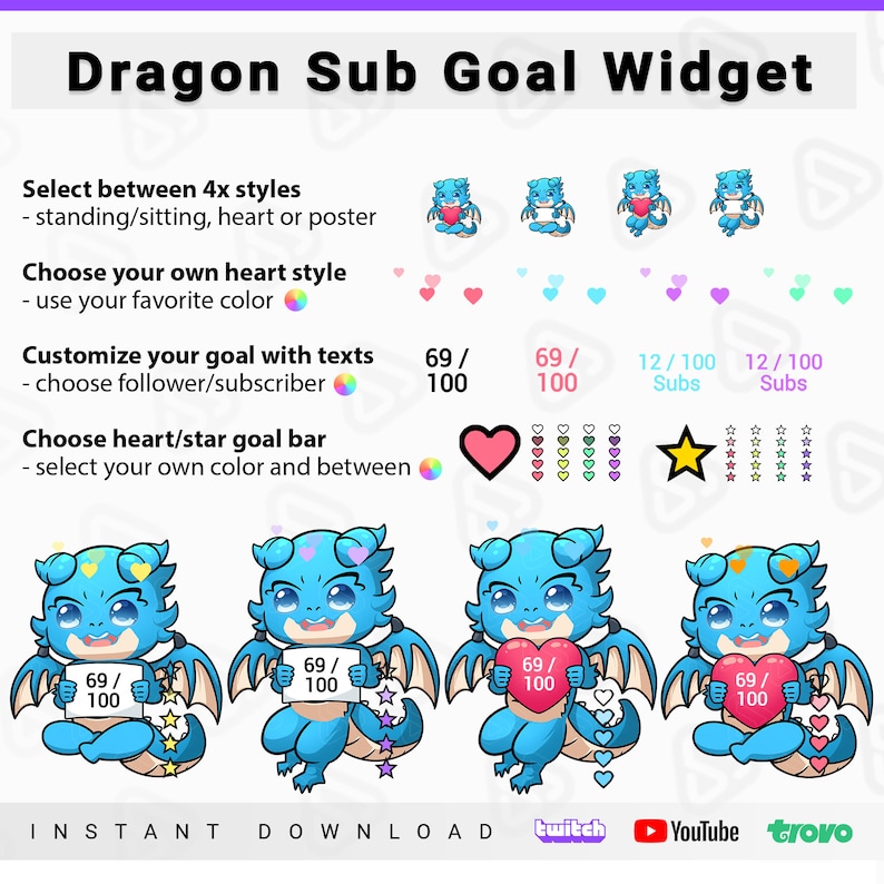 Twitch Sub Goal Widget Pet Cute Blue Dragon OBS Widget Overlay Fully ...