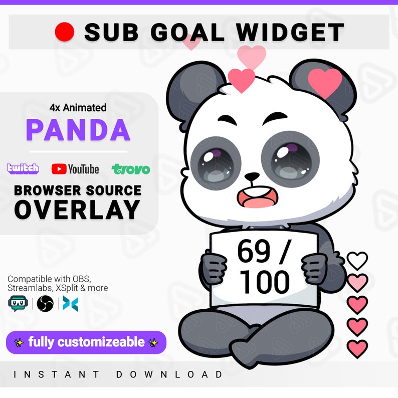 Twitch Sub Goal Widget Pet Cute Panda OBS Widget Overlay Fully ...
