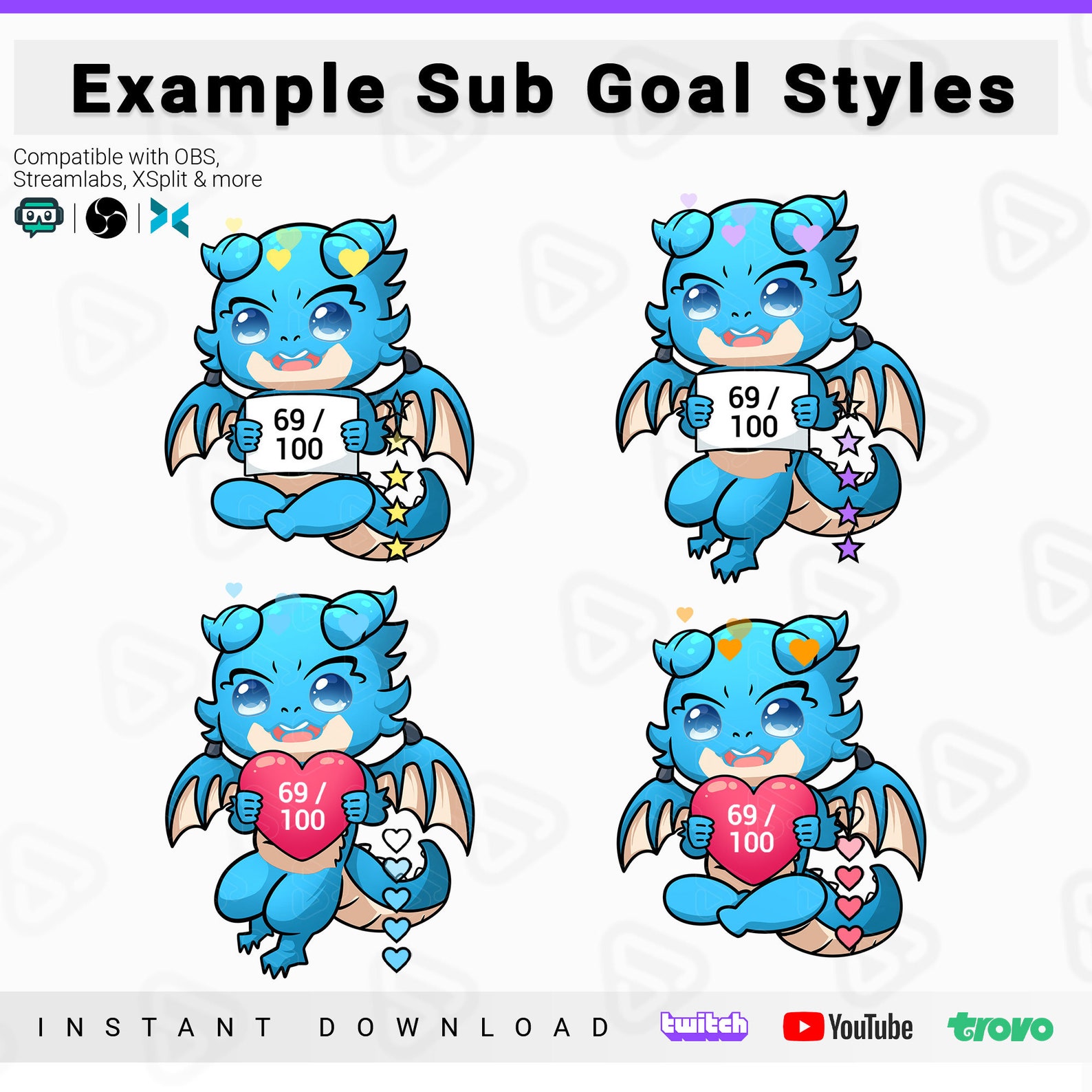 Twitch Sub Goal Widget Pet Cute Blue Dragon OBS Widget Overlay Fully ...