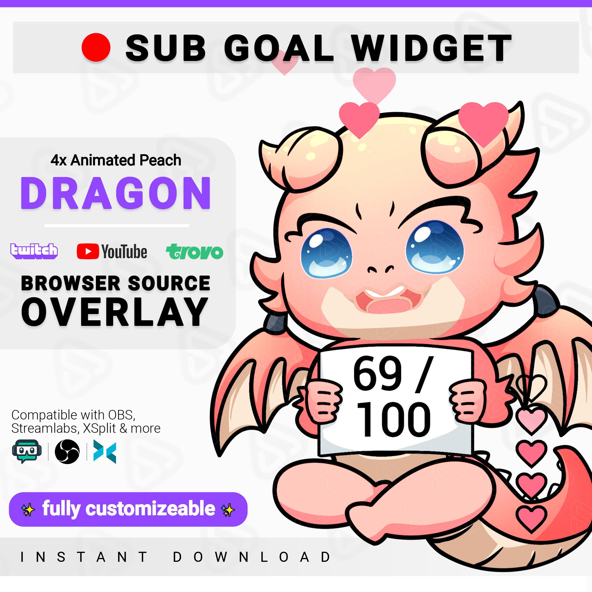 Twitch Sub Goal Widget Pet Cute Peach Dragon OBS Widget Overlay | Fully ...