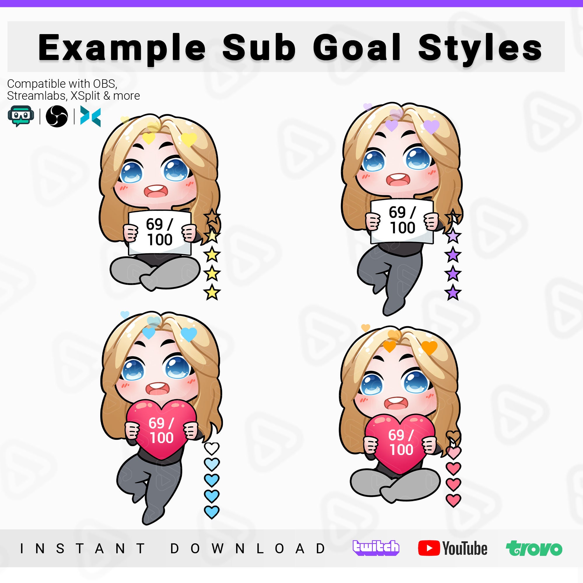Twitch Sub Goal Widget Cute Girl Chibi OBS Widget Overlay | Fully ...