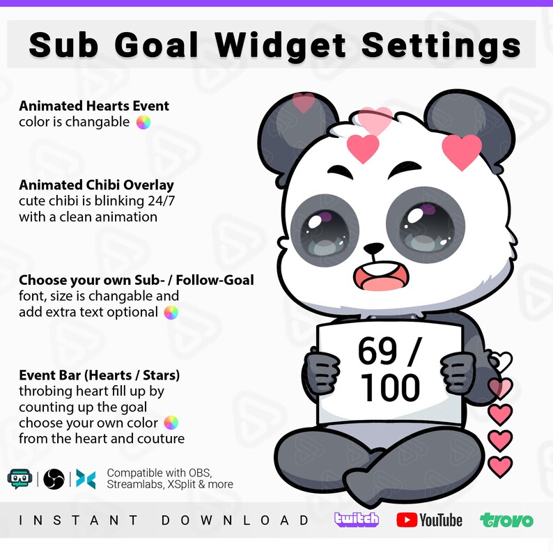 Twitch Sub Goal Widget Pet Cute Panda OBS Widget Overlay Fully ...