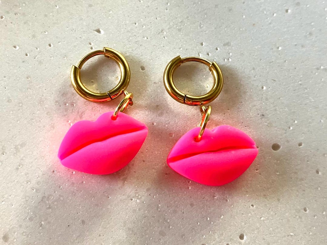 Love is in the Air! Bright Earrings in Bright Pink, Kissing Lips, Hoop ...