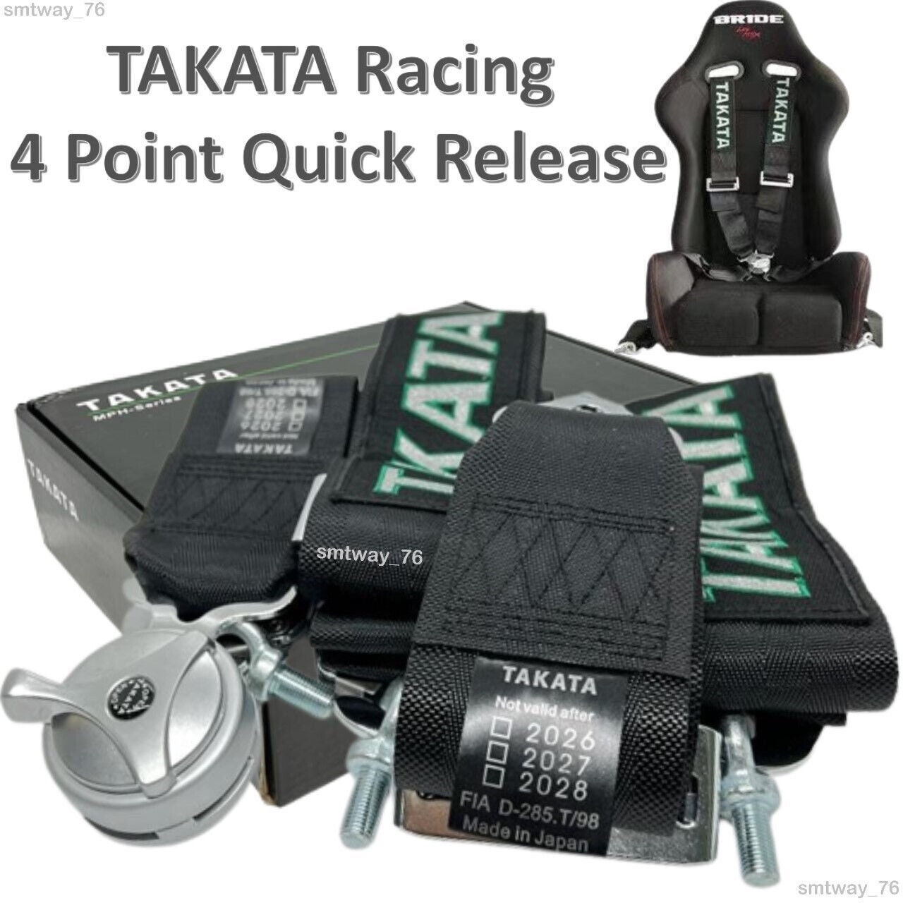 Takata Seat Belt Harness 4 Point Snap on 3" Cam Lock Universal BLACK ...