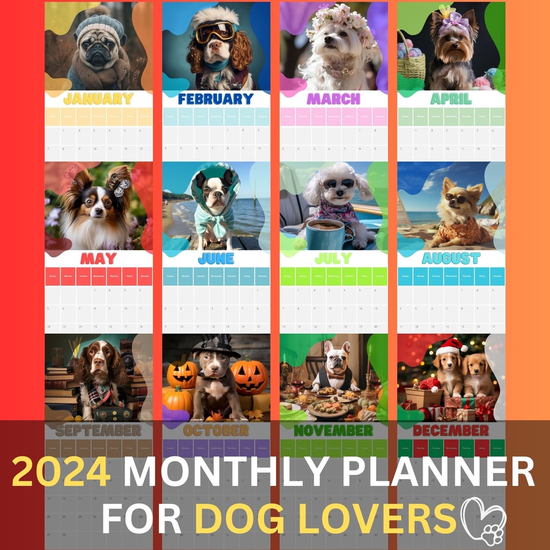Printable 2024 Calendar With Dogs PDF, Big Letters and Numbers Size ...