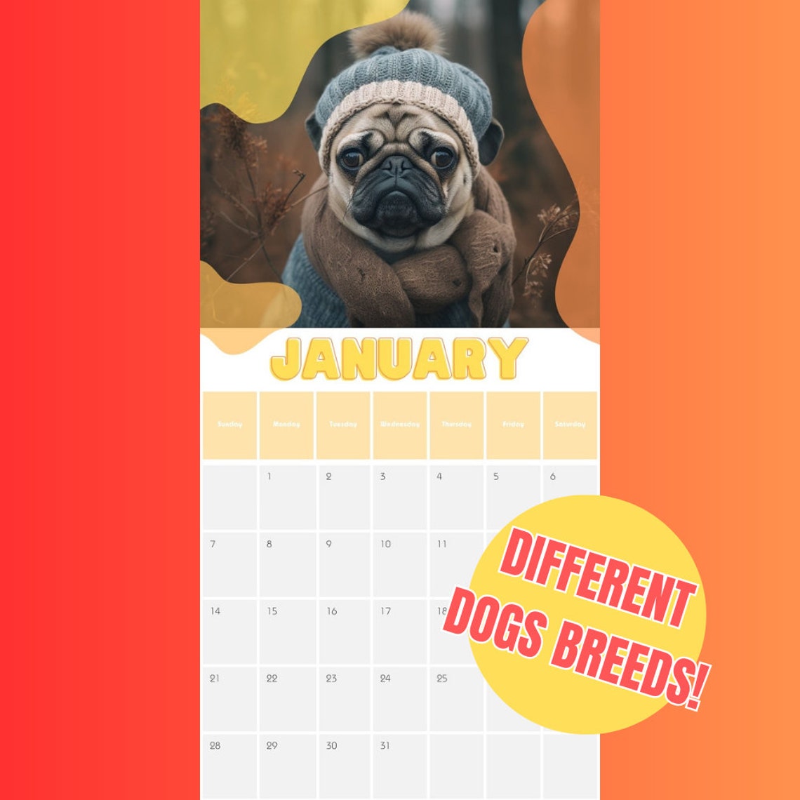 Printable 2024 Calendar With Dogs PDF, Big Letters and Numbers Size ...