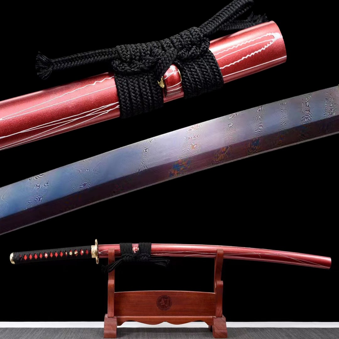 Red Paint Sheath Samurai Sword,pure Copper Tsuba Katana,baked Blue ...