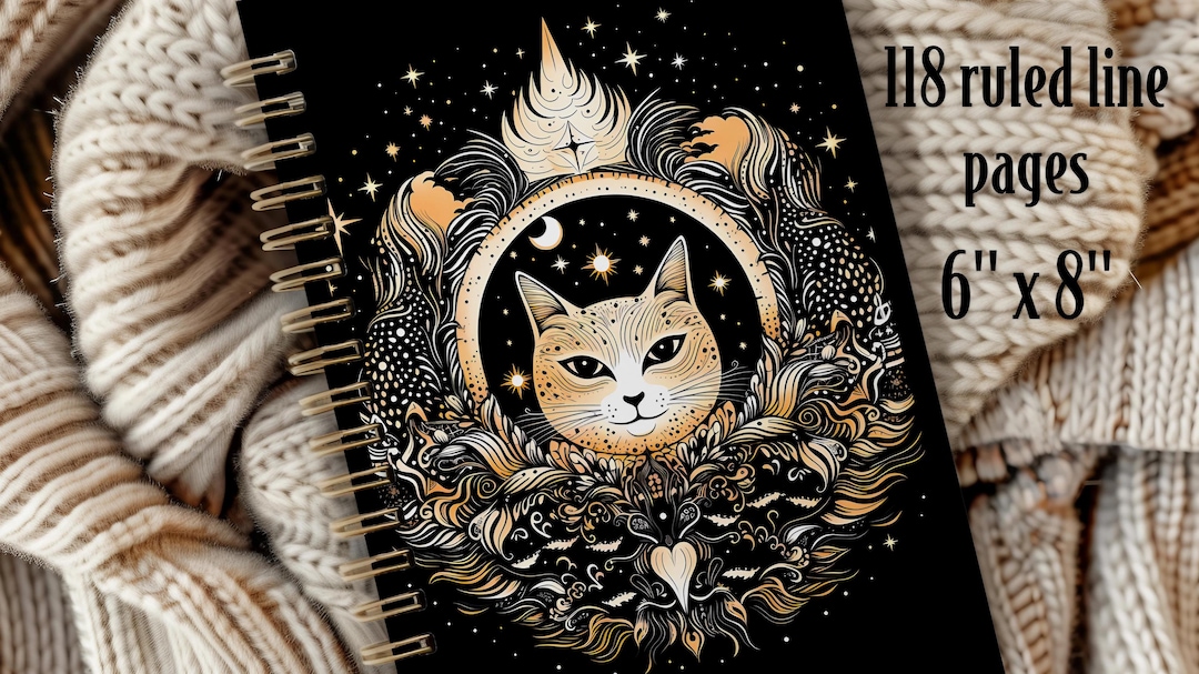 Mystical Cat Spiral Notebook, Celestial Cat Design, Journal With Ruled ...