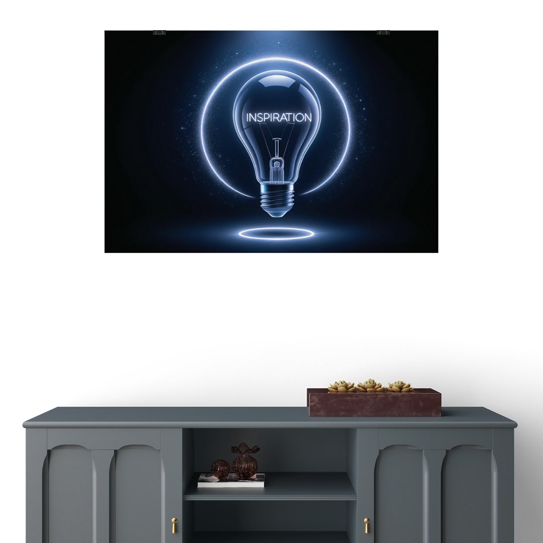 Inspiration Light Bulb Poster, Creative Idea Art Print, Blue Neon Glow ...