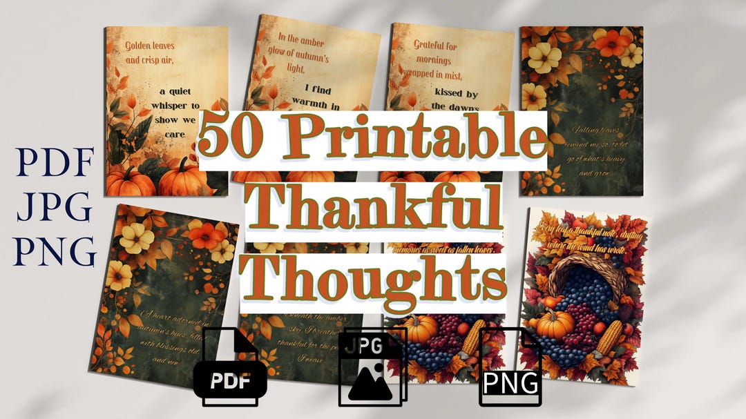 50 Printable Thanksgiving Cards, Digital Thankful Thoughts 5x7, PDF JPG ...