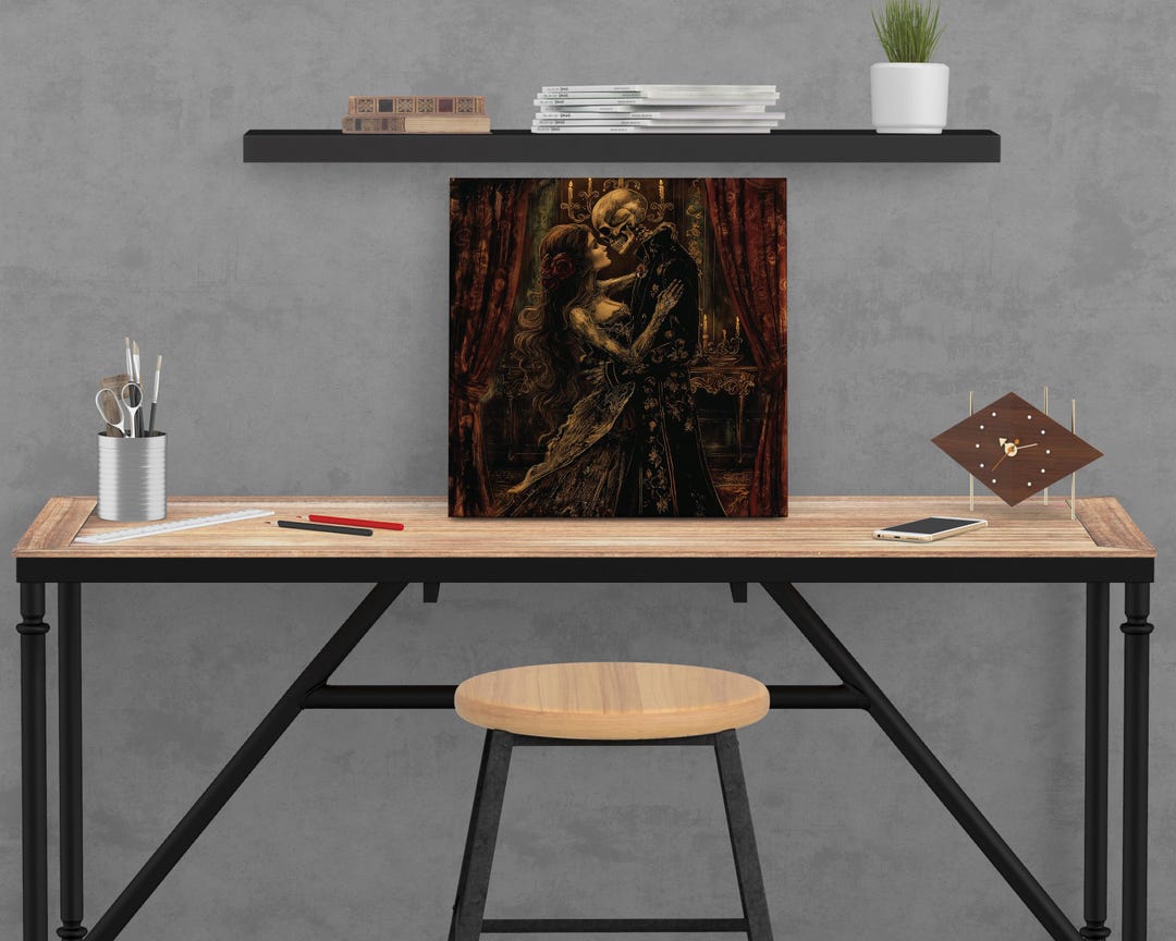 Romantic Gothic Art Canvas, Skeleton and Woman Embrace, Dark Vintage ...