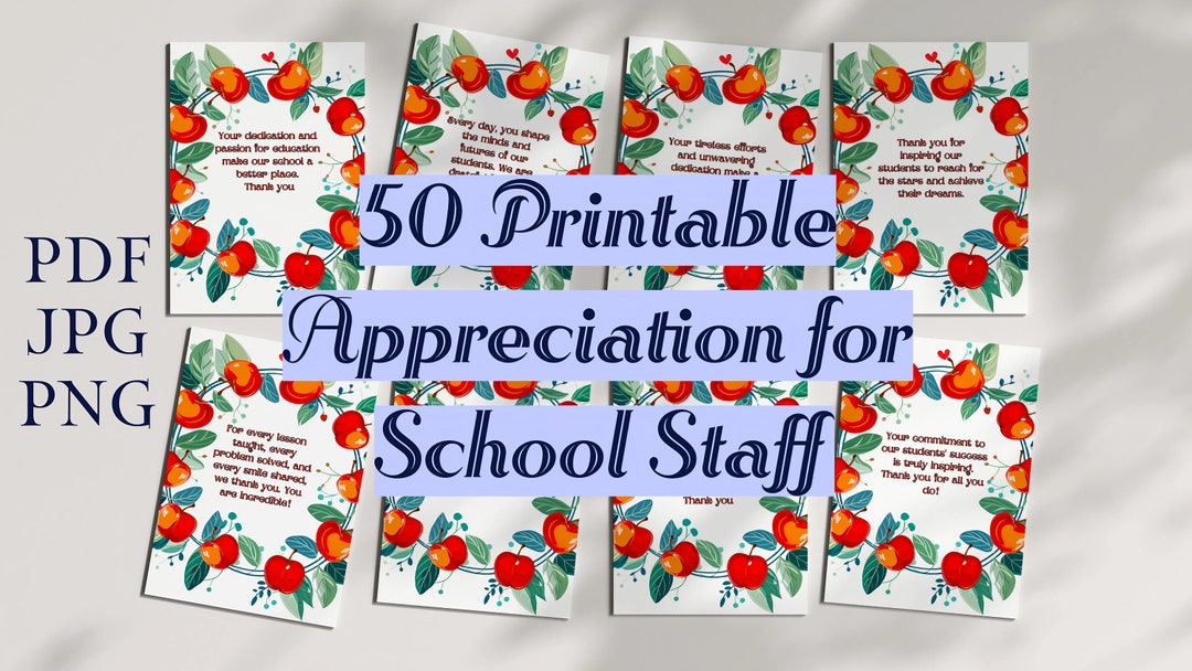 50 Printable Appreciation Cards for School Staff, 5x7 Format PDF JPG ...