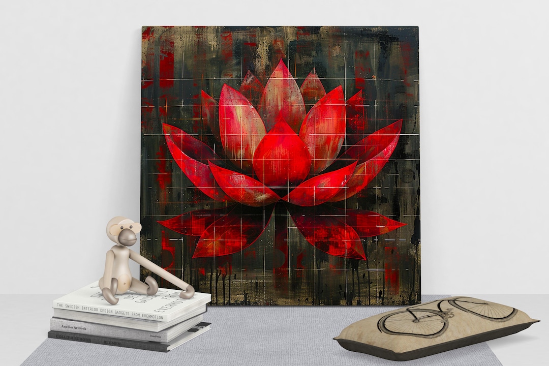 Red Lotus Canvas Art, Modern Red Flower Wall Decor, Zen Wall Art ...