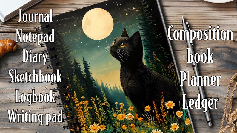 Enchanting Cat Spiral Notebook, Moonlit Whiskers Notebook, Floral ...