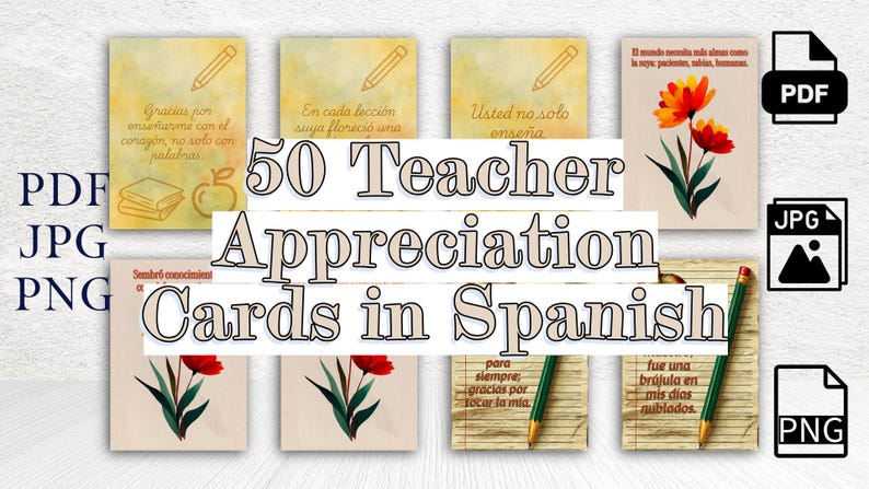 50 Printable Teacher Appreciation Cards in Spanish, Printable Gratitude ...