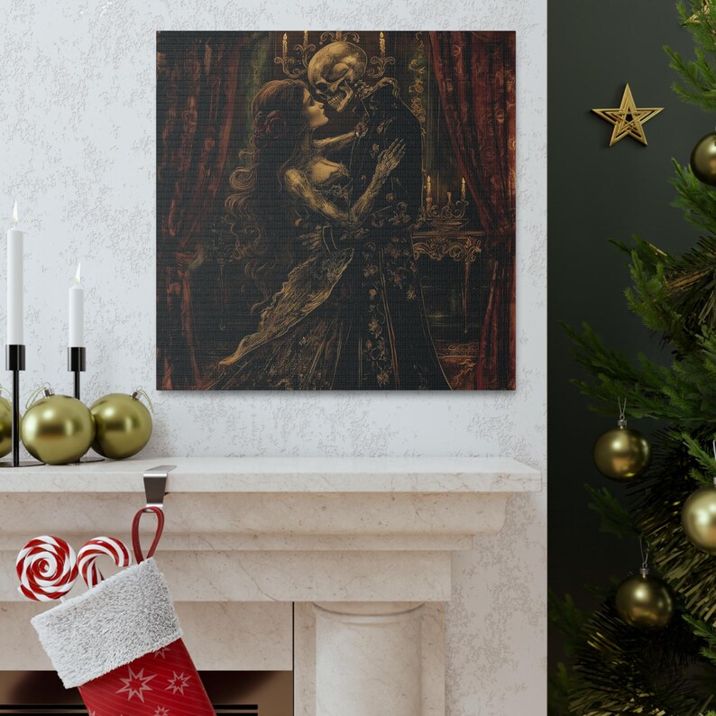 Romantic Gothic Art Canvas, Skeleton and Woman Embrace, Dark Vintage ...