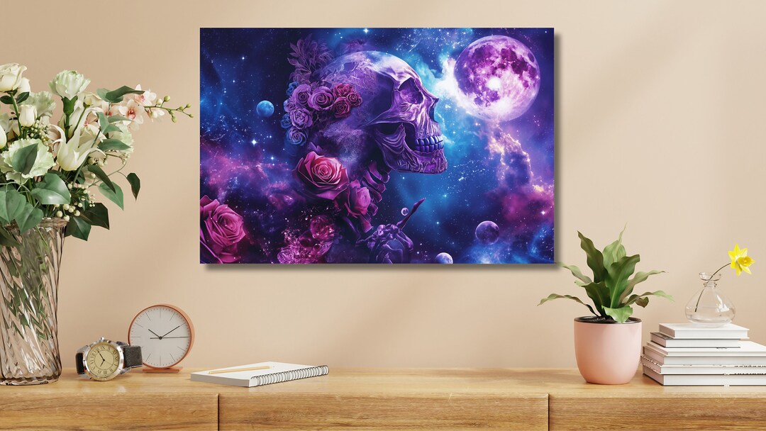 Celestial Bloom, Cosmic Skeleton With Roses Canvas Art, Space Indoor ...