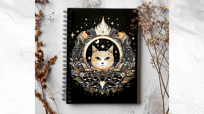 Mystical Cat Spiral Notebook, Celestial Cat Design, Journal With Ruled ...