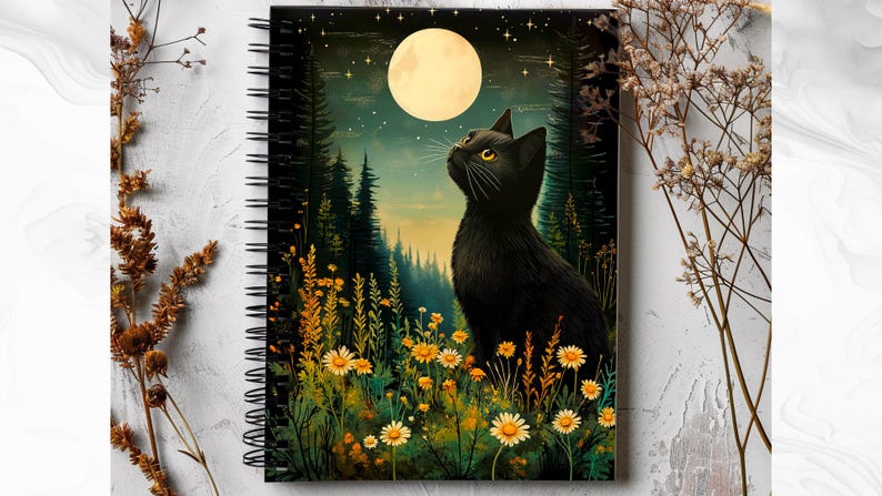 Enchanting Cat Spiral Notebook, Moonlit Whiskers Notebook, Floral ...