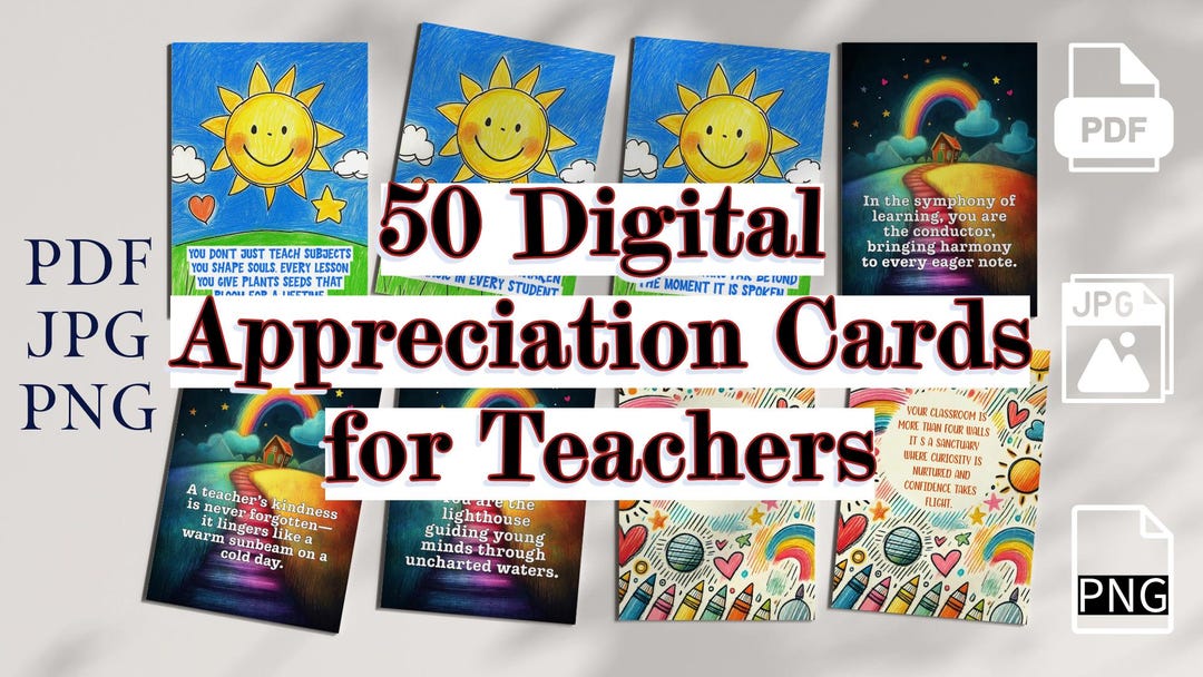 50 Digital Teacher Appreciation Cards, 5x7 PDF PNG JPG, Printable Thank ...