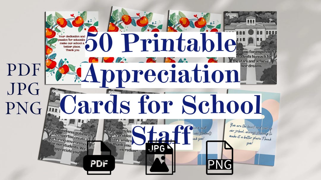 50 Printable 5x7 Appreciation Cards for School Staff, PDF JPG PNG ...