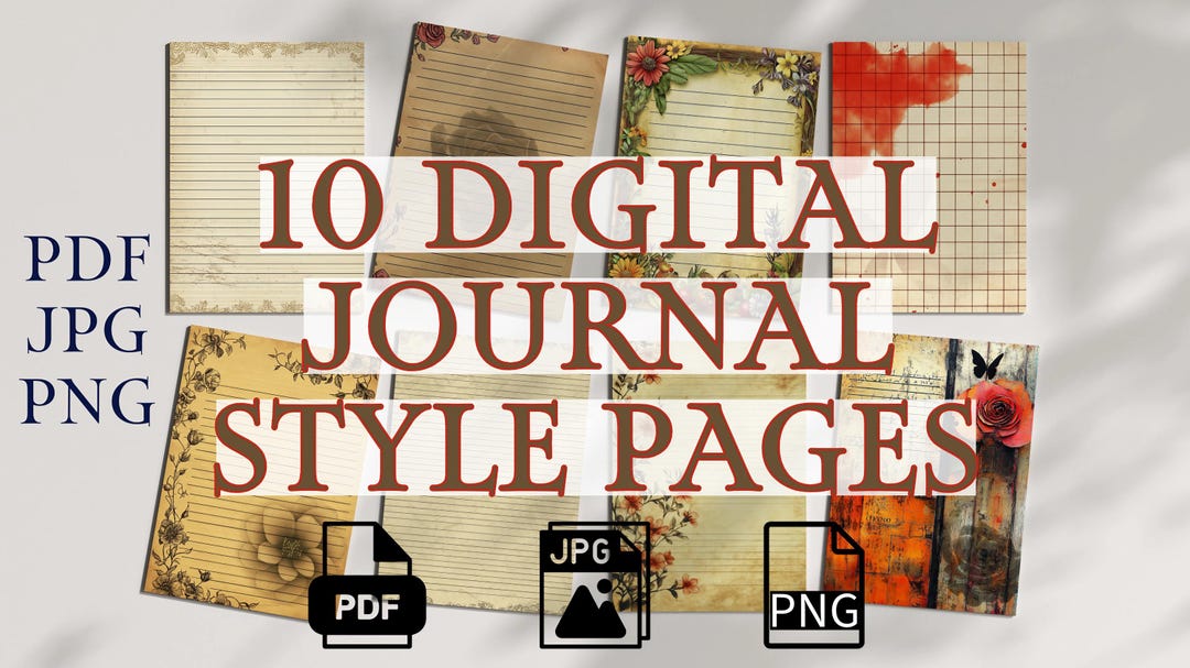 10 Vintage Digital Journal Style Pages, 5x7 and 8.5x11 PDF JPG PNG ...