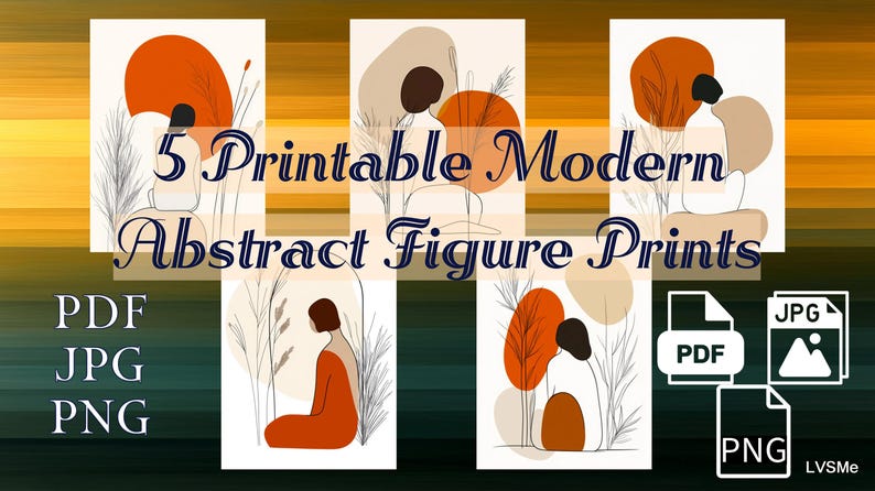 5 Printable Modern Abstract Figure Prints, Digital Wall Art, Minimalist ...