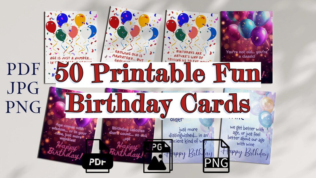50 Printable Fun Birthday Cards, 5x7 Fun Digital Download, PDF JPG PNG ...