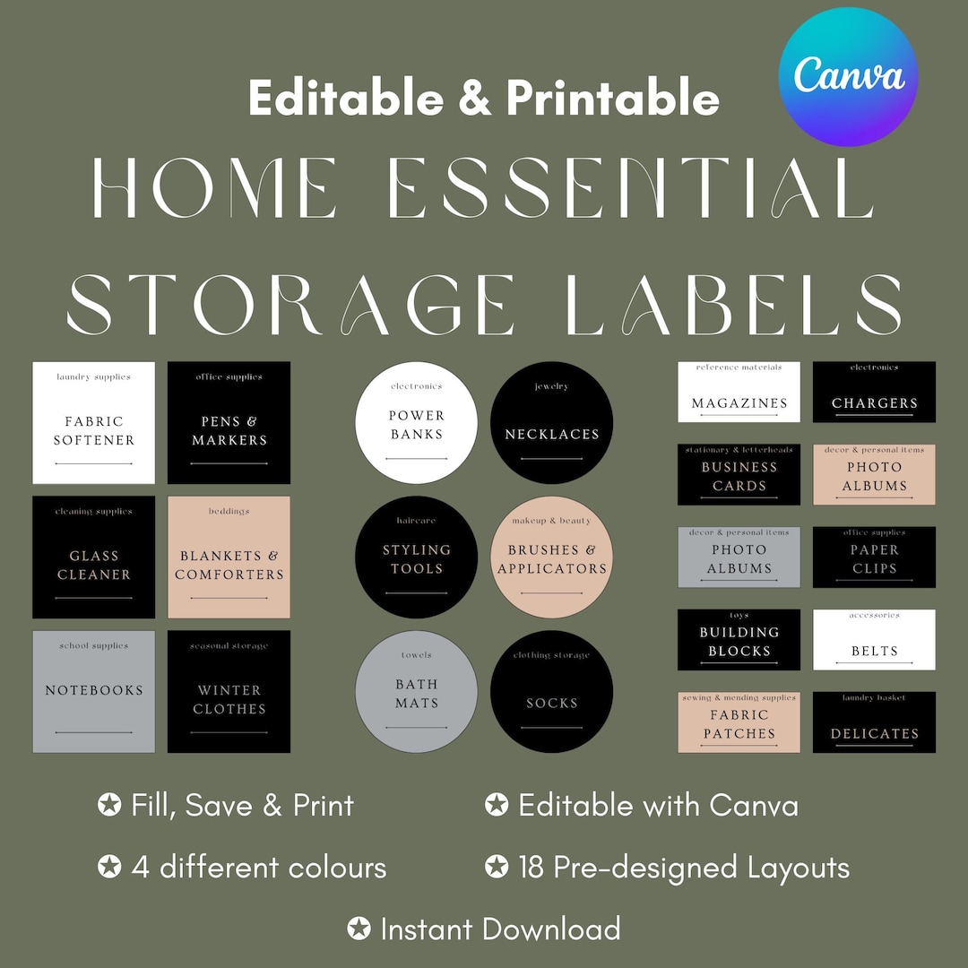 Custom Home Essential Storage Labels Canva Editable Digital Template ...
