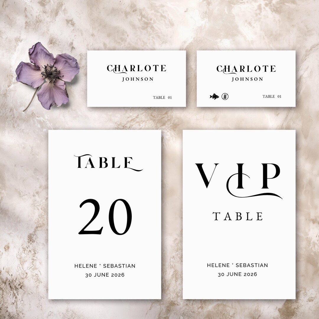 Wedding Table Set — Place Cards, Table Numbers, VIP Signs, Food Icons ...
