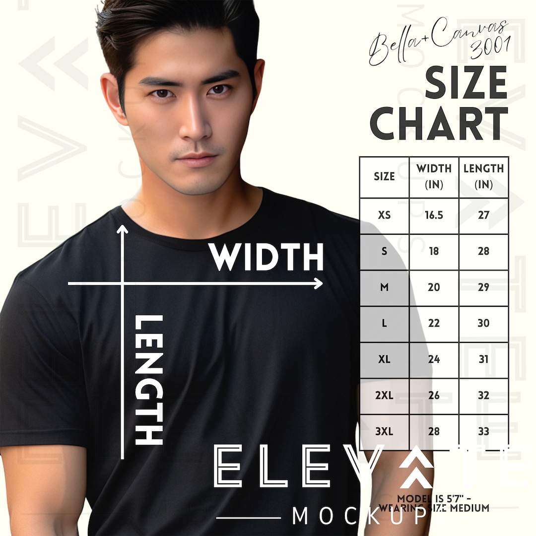 Asian Male Model Size Chart, Bella Canvas 3001 Black Tshirt Mockup ...