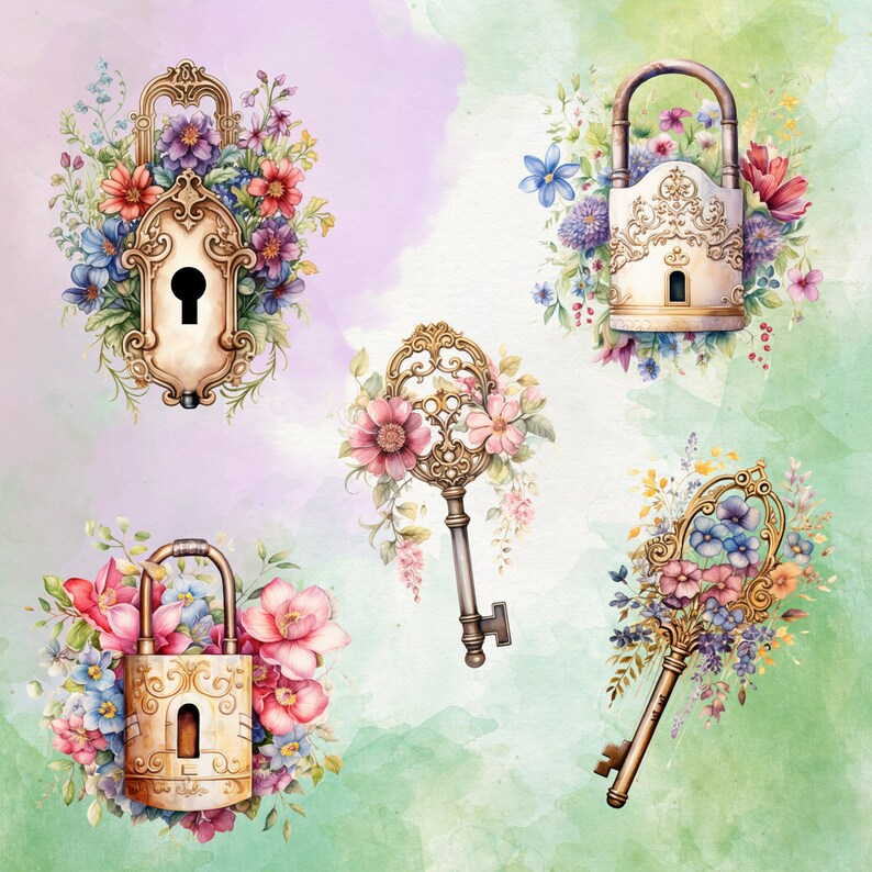 Watercolor Floral Key and Lock Clipart Set, Vintage PNG (digital ...