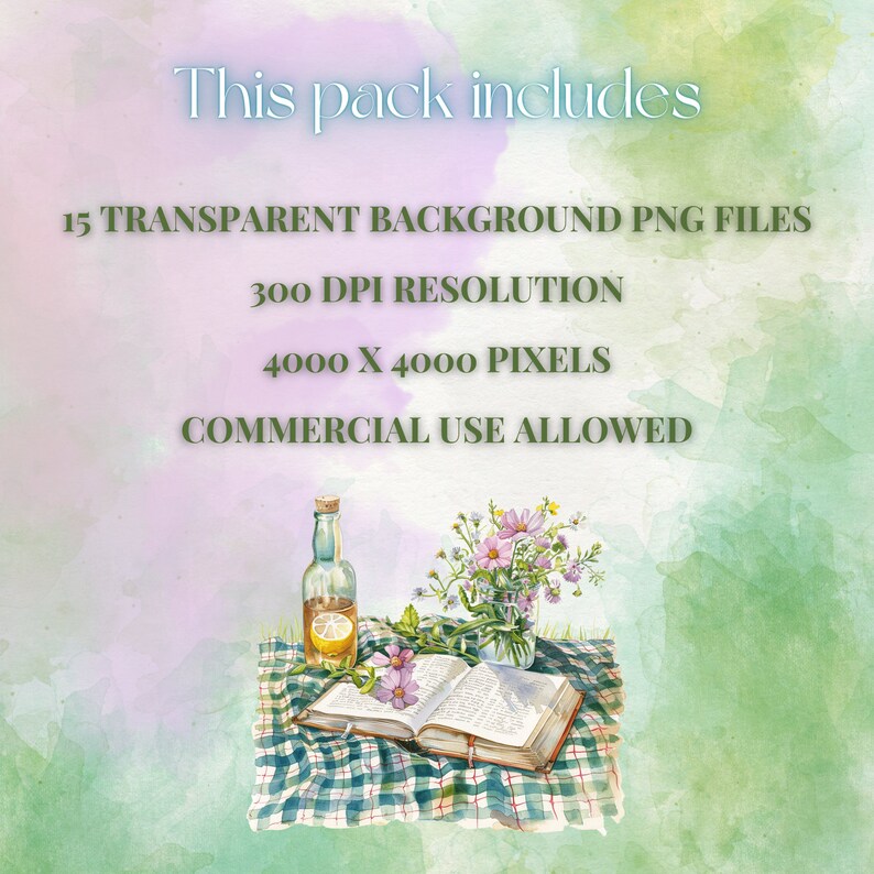 Watercolor Picnic Clipart Bundle // Cottagecore Clipart Set for Instant ...