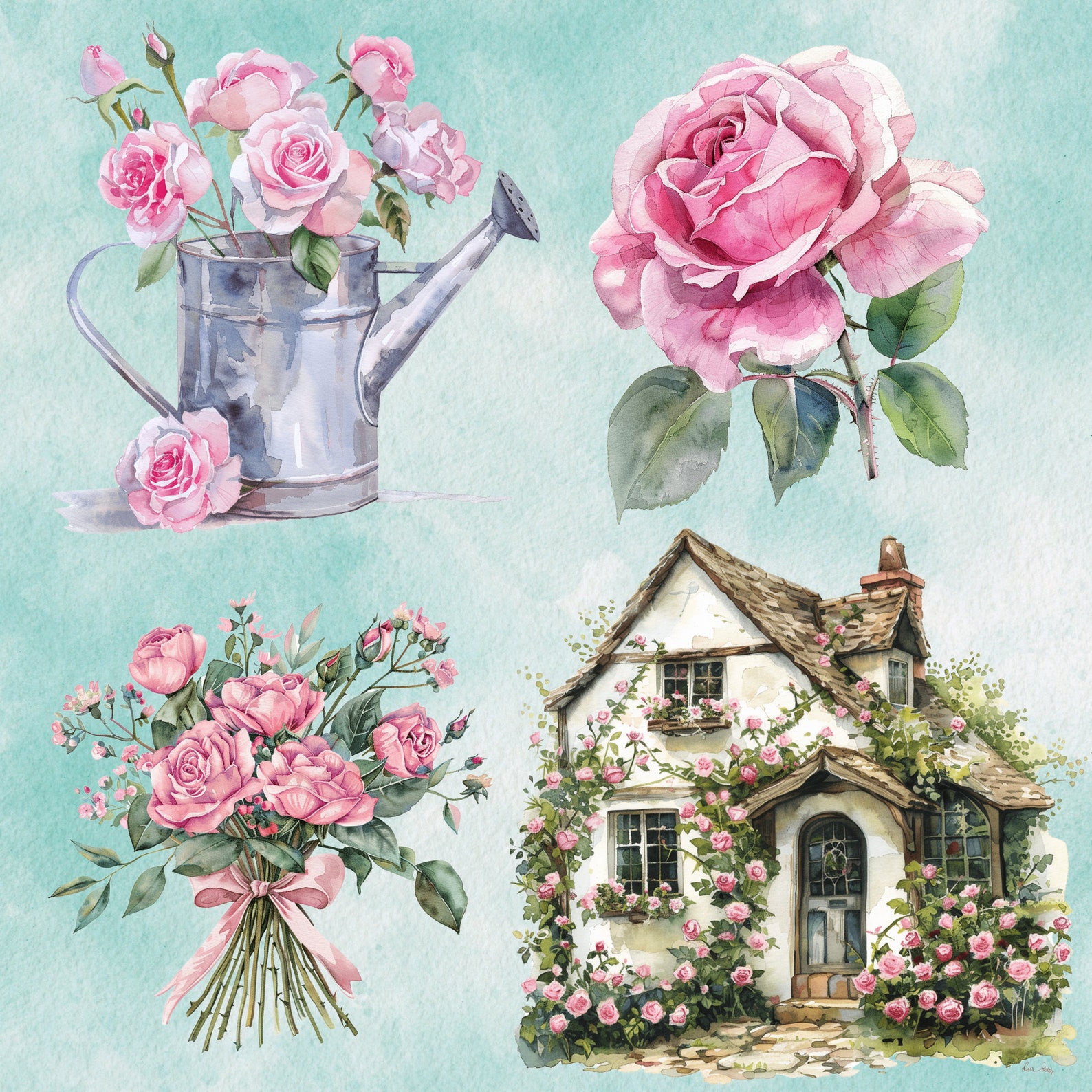Pink Rose Watercolor Clipart Set, Cottagecore Floral Bundle (commercial ...