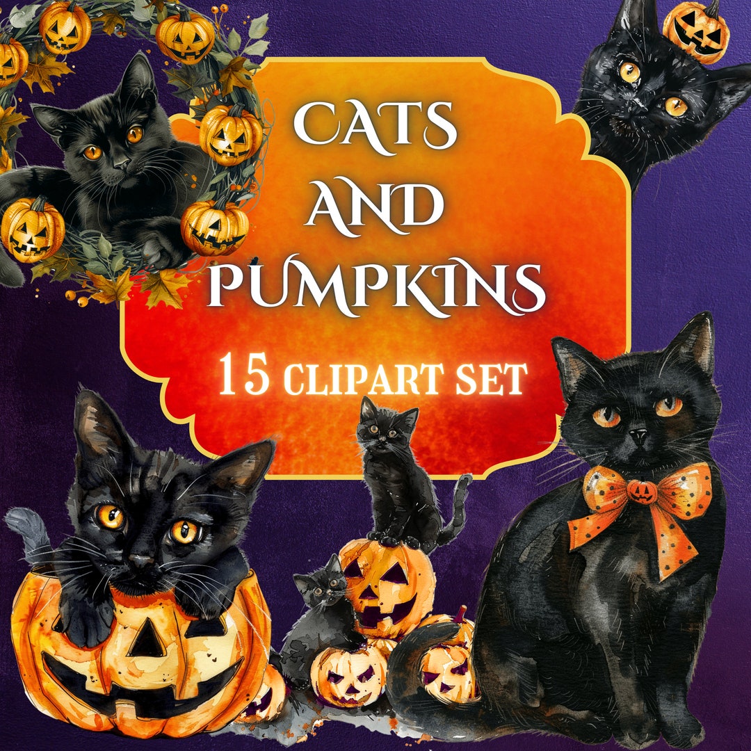 Black Cats and Pumpkins Clipart Set // Halloween Watercolor Cliparts ...