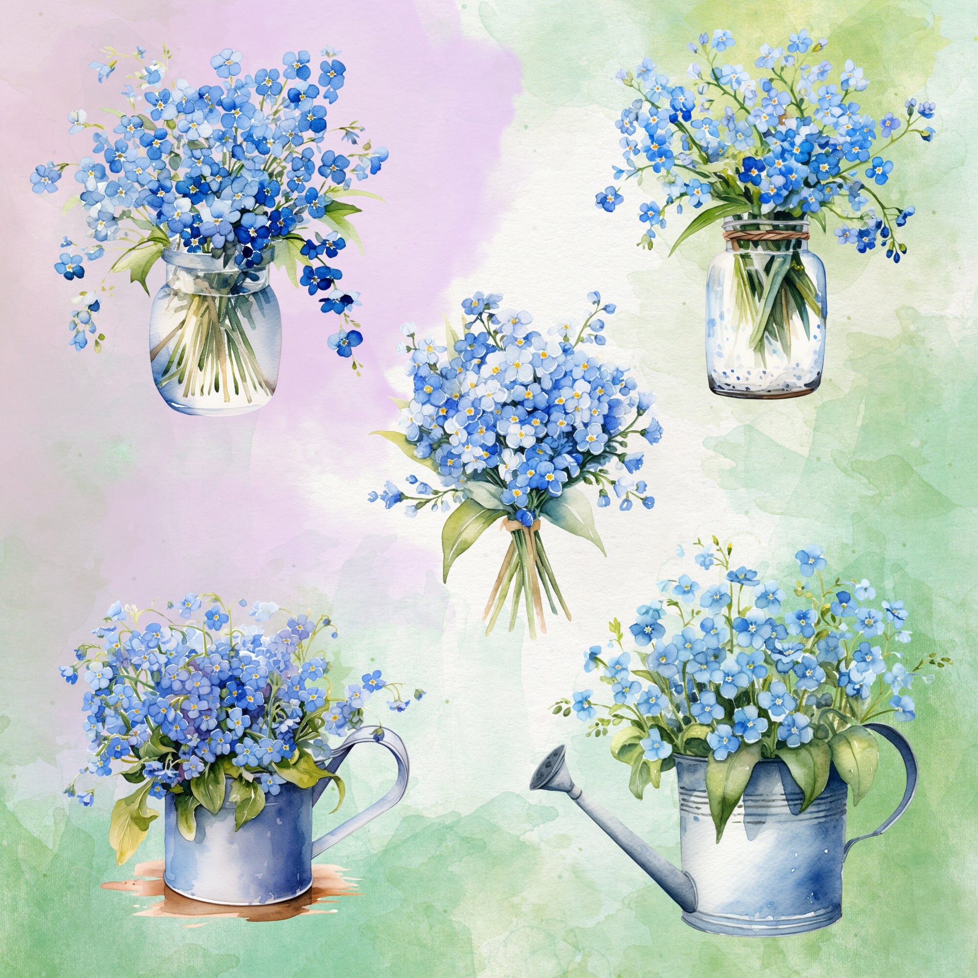 Watercolor Forget Me Not Clipart Bundle // Spring Flowers Transparent ...