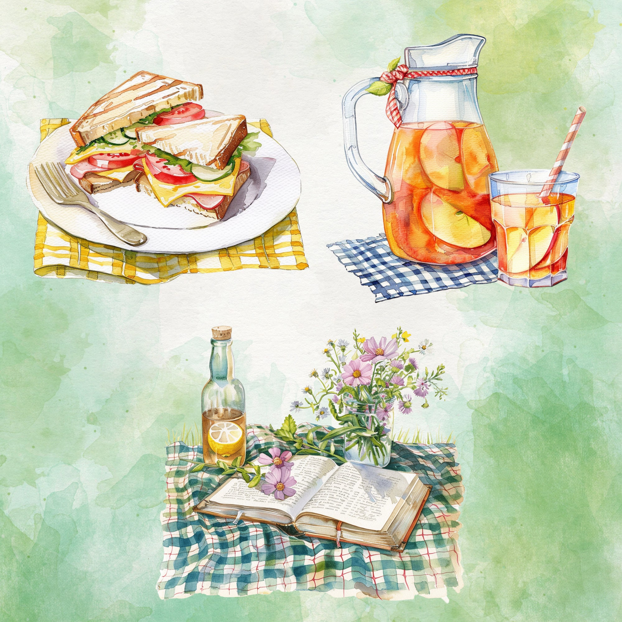 Watercolor Picnic Clipart Bundle // Cottagecore Clipart Set for Instant ...