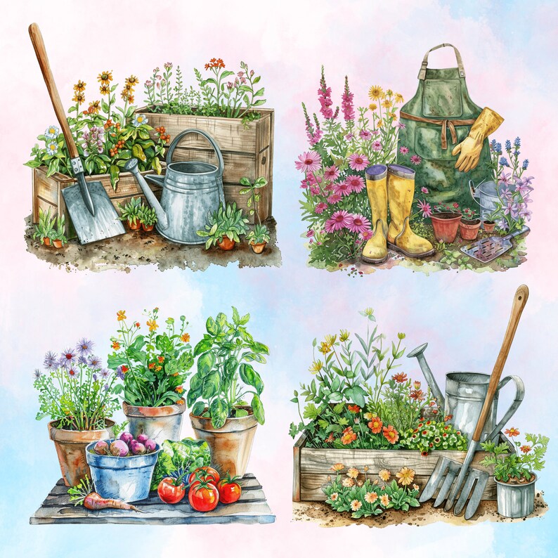Watercolor Gardening Clipart Set // Spring Garden Watercolor Cliparts ...