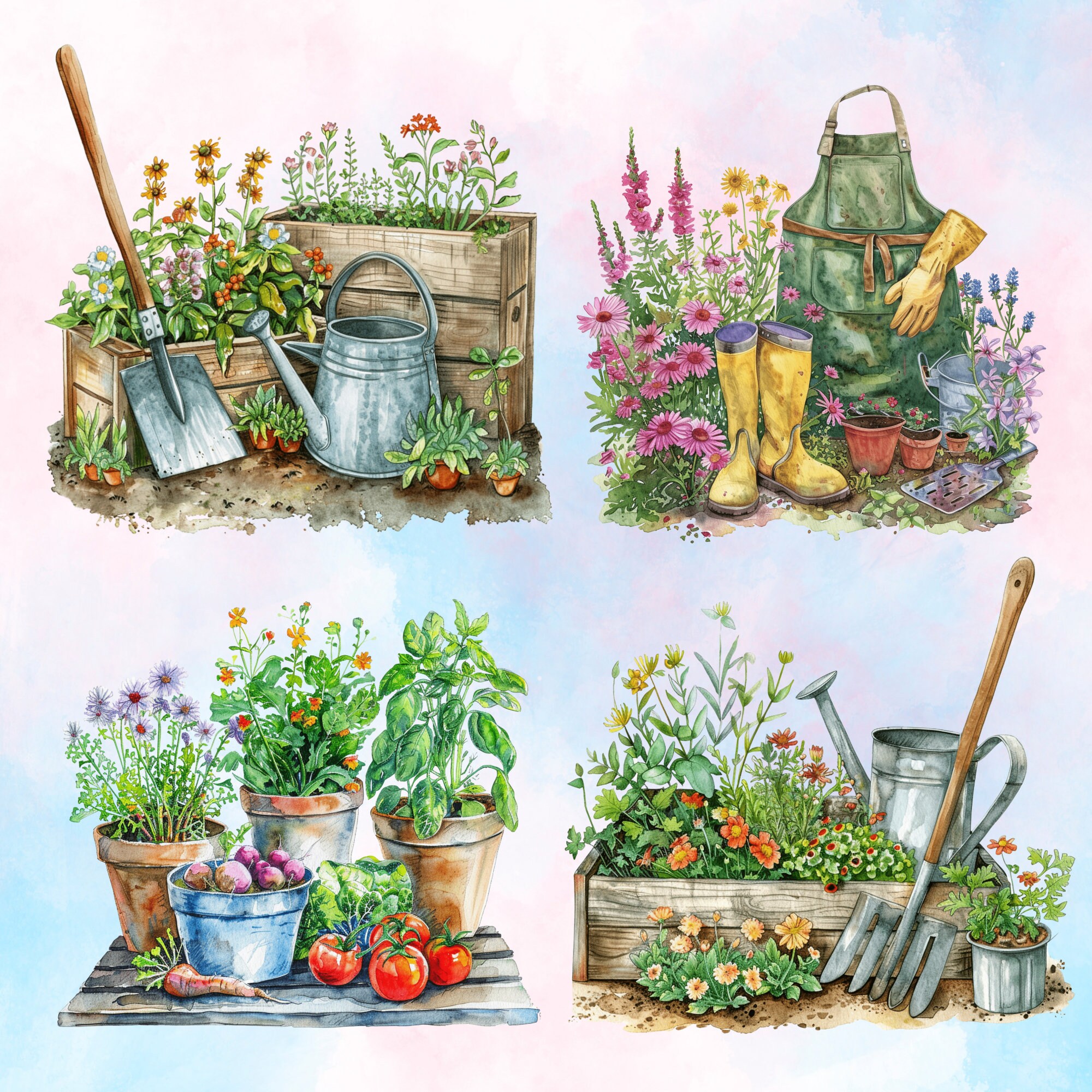 Watercolor Gardening Clipart Set // Spring Garden Watercolor Cliparts ...