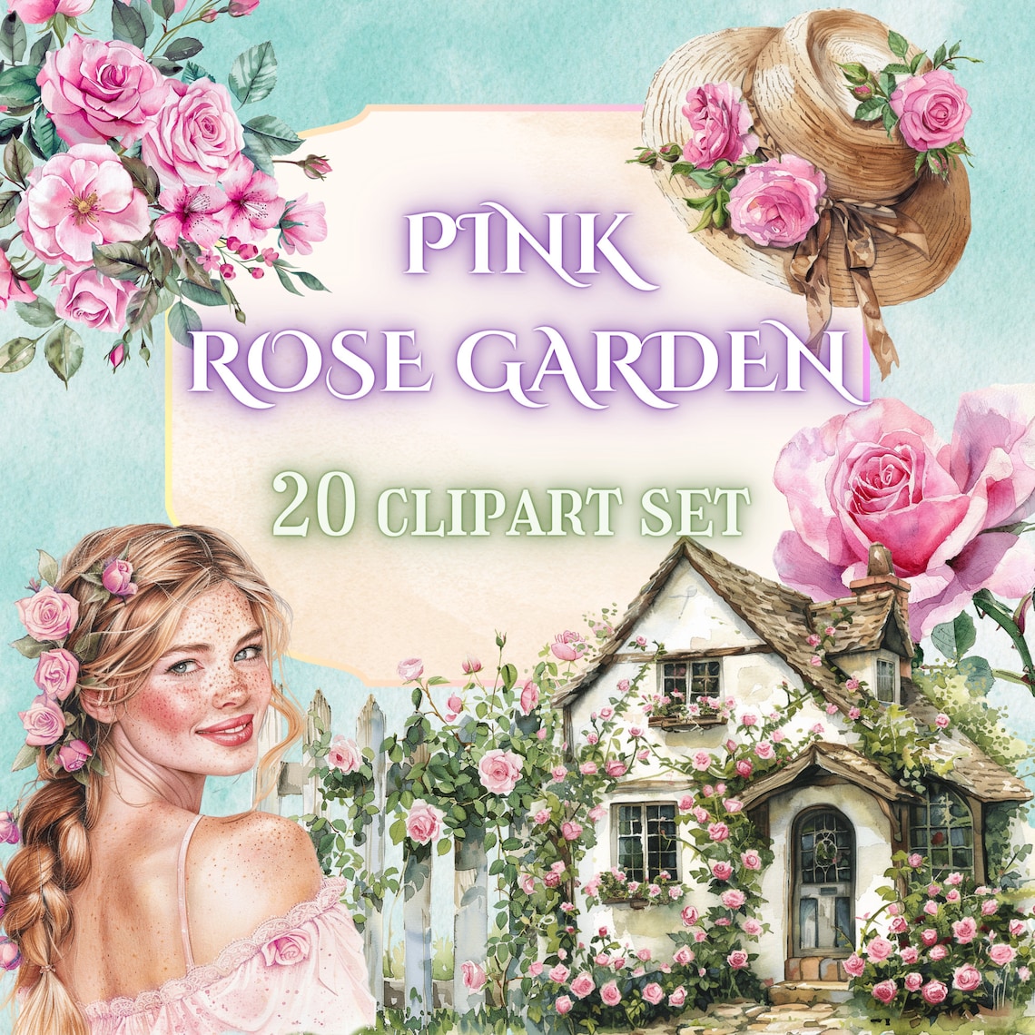 Pink Rose Watercolor Clipart Set, Cottagecore Floral Bundle (commercial ...