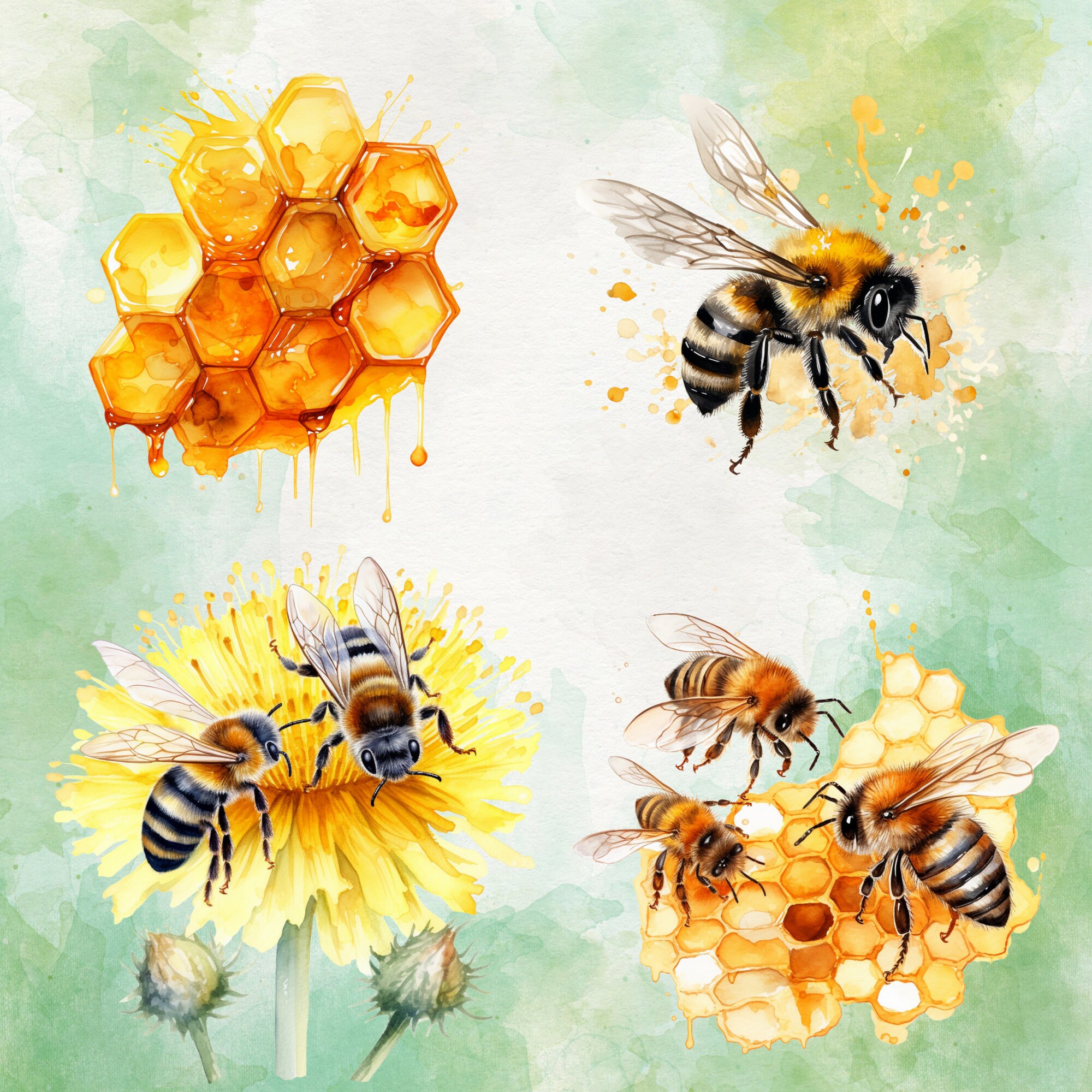 Honeybee Clipart Pack // Bee and Honeycomb Watercolor Cliparts ...
