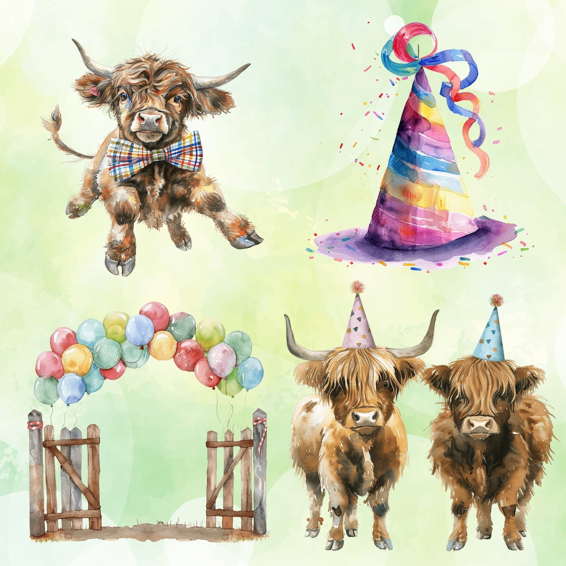Highland Cow Party Cliparts // Watercolor Cow Pngs // Cute Highland Cow ...