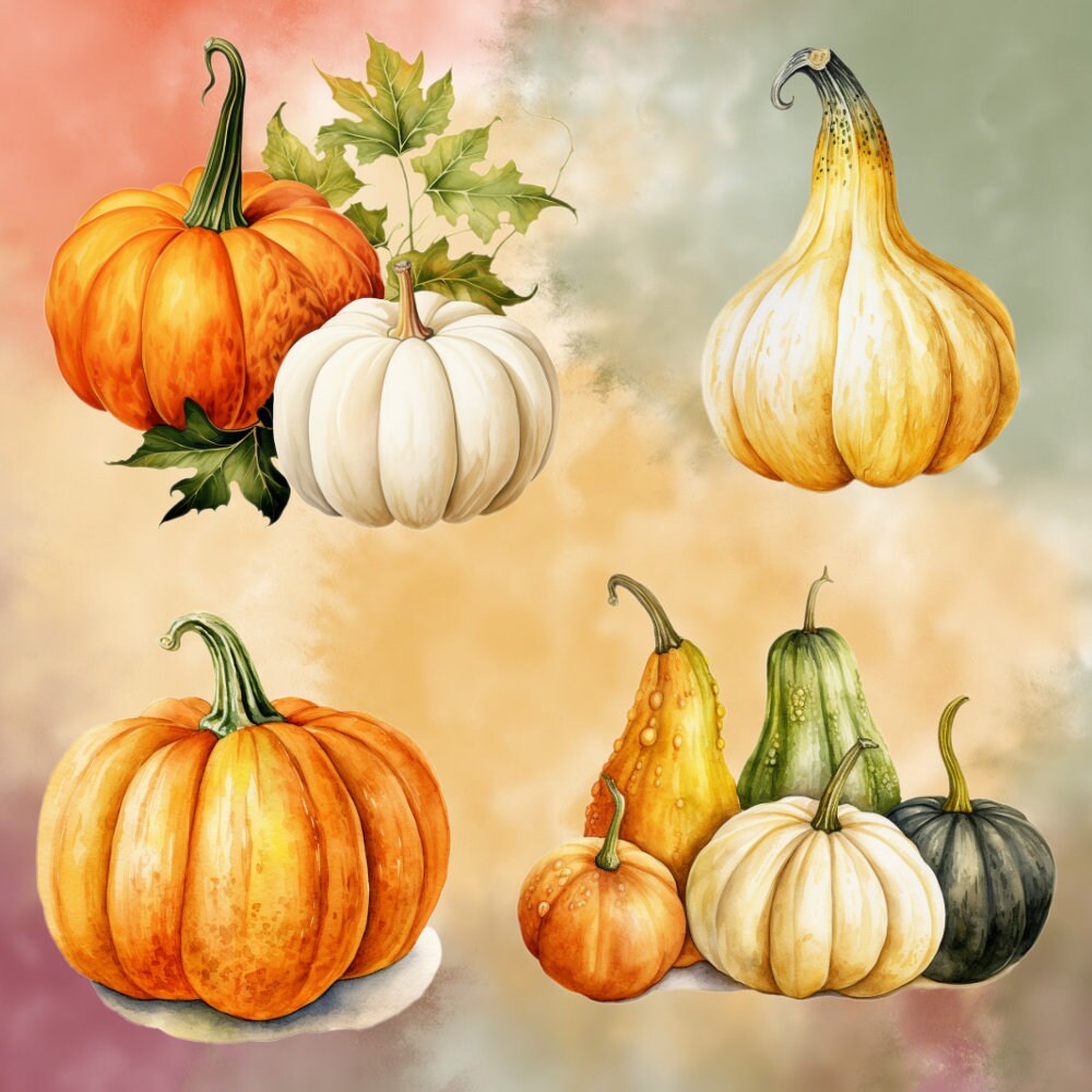 Watercolor Pumpkin Clipart Set, Autumn Cottagecore (digital Download ...