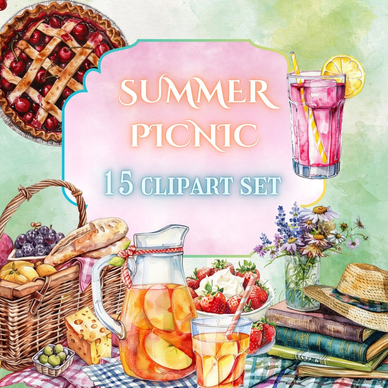 Watercolor Picnic Clipart Bundle // Cottagecore Clipart Set for Instant ...