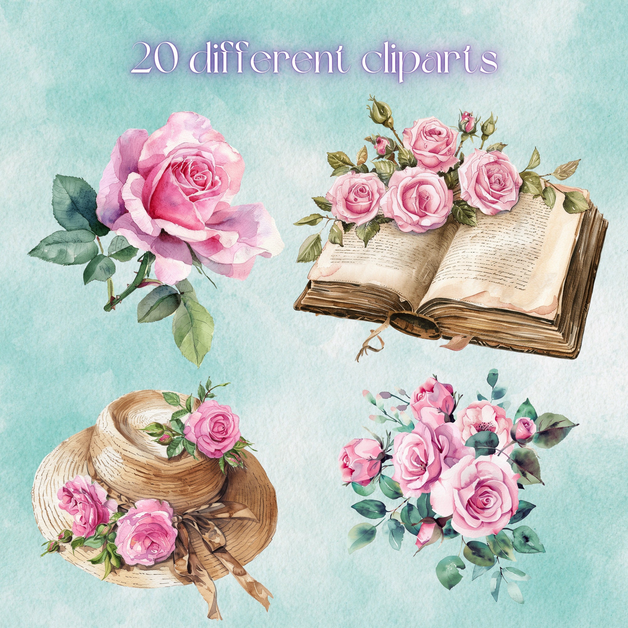 Pink Rose Watercolor Clipart Set, Cottagecore Floral Bundle (commercial ...