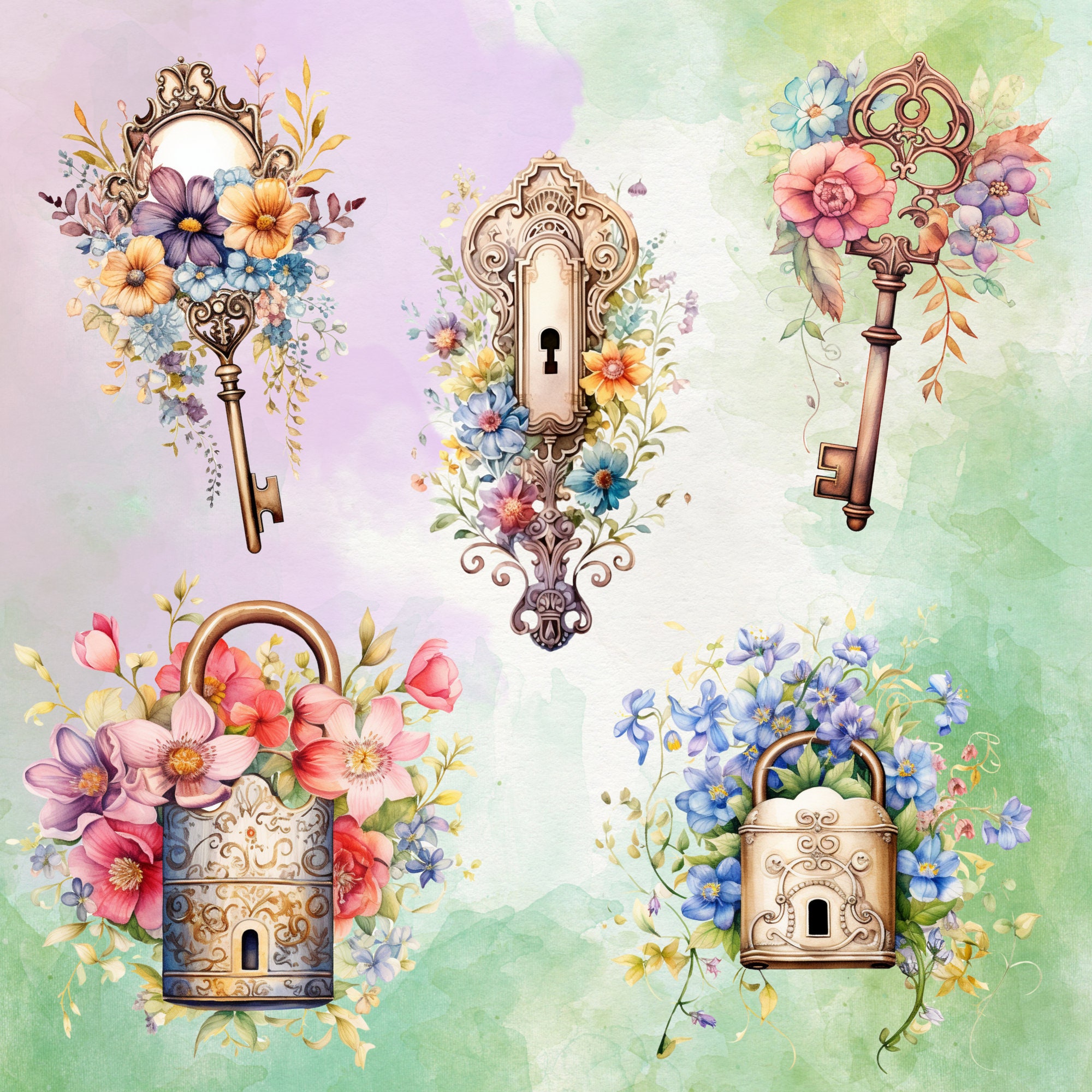Floral Key and Lock Clipart Pack // Watercolor Magical Key Cliparts ...