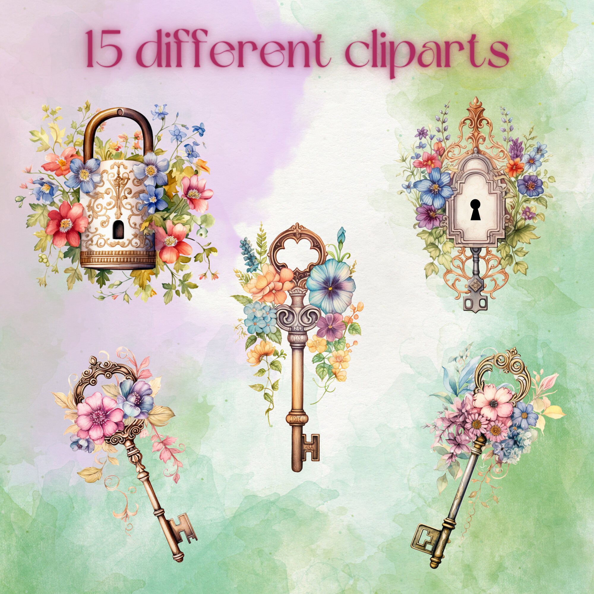 Floral Key and Lock Clipart Pack // Watercolor Magical Key Cliparts ...