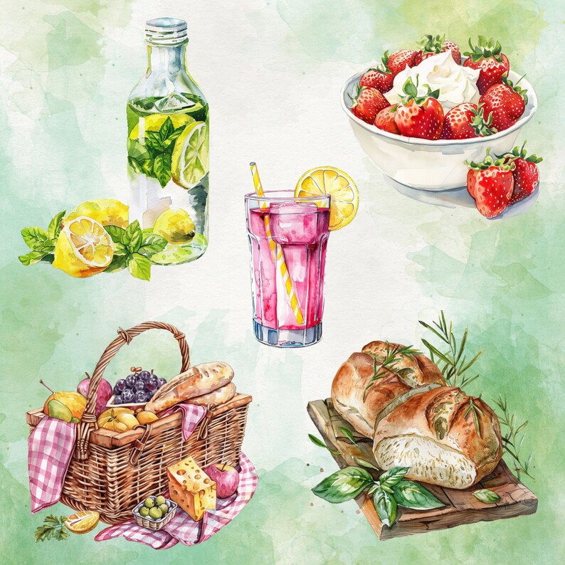 Watercolor Picnic Clipart Bundle // Cottagecore Clipart Set for Instant ...