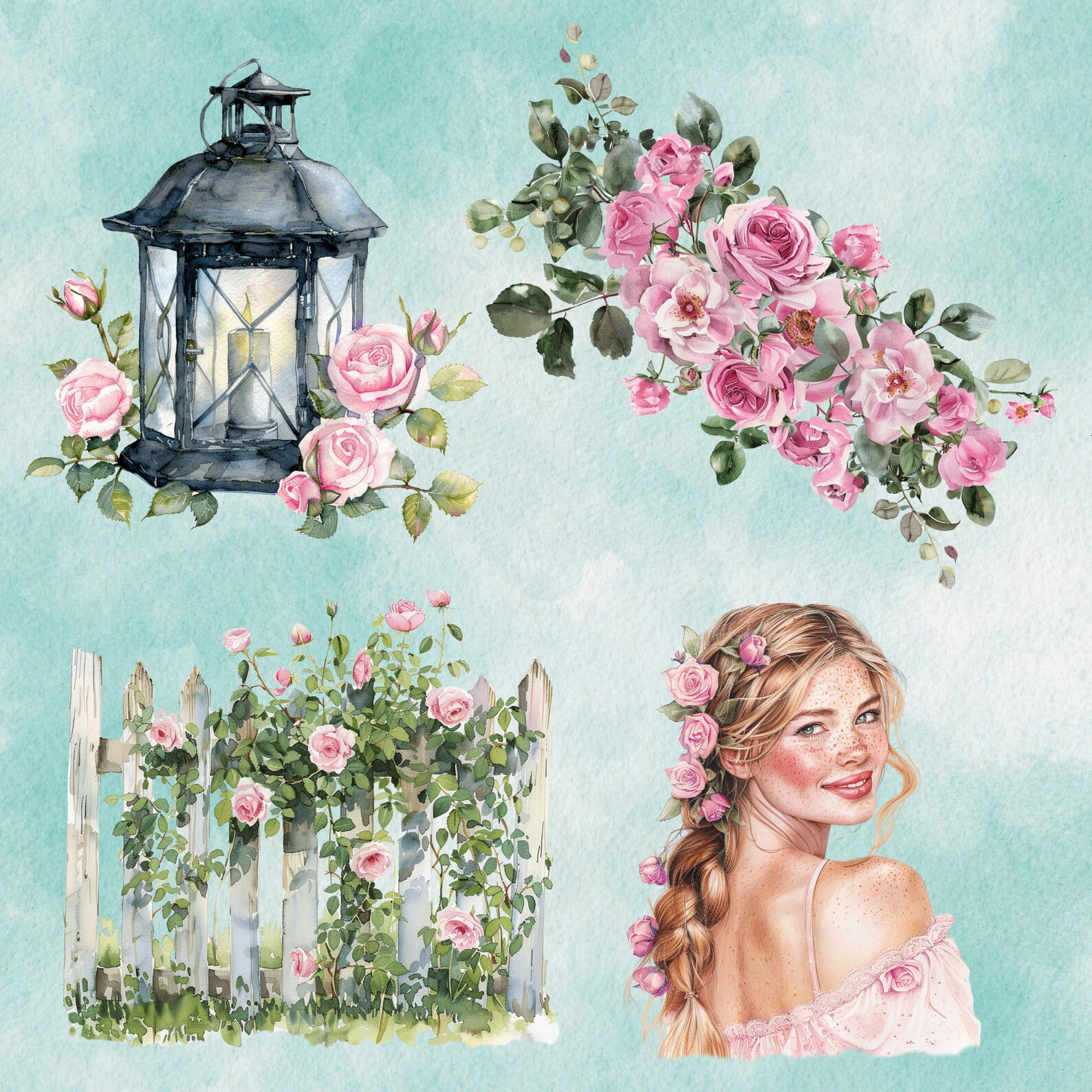 Pink Rose Watercolor Clipart Set, Cottagecore Floral Bundle (commercial ...