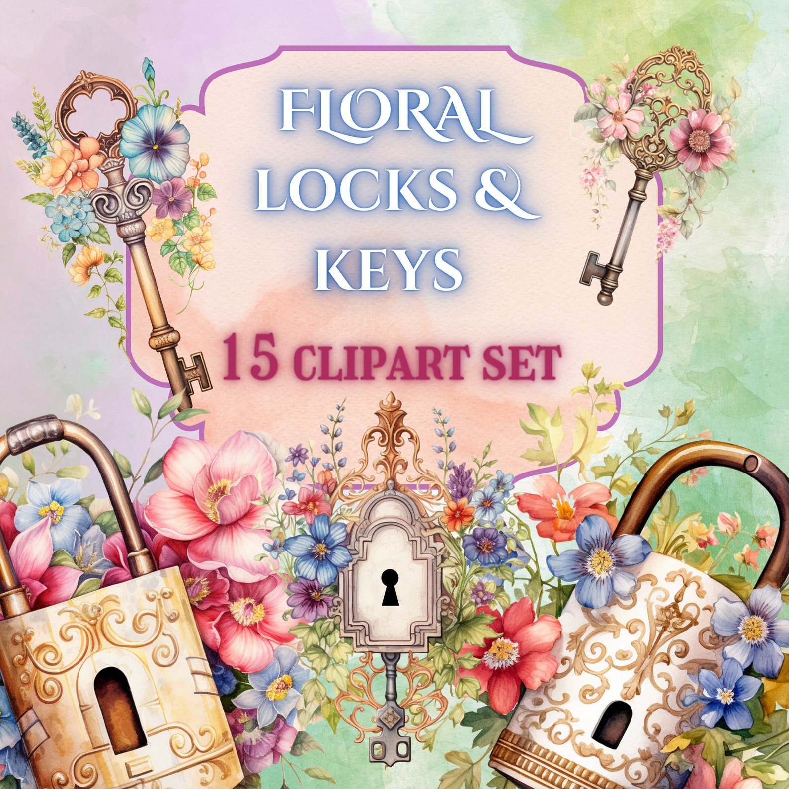 Floral Key and Lock Clipart Pack // Watercolor Magical Key Cliparts ...